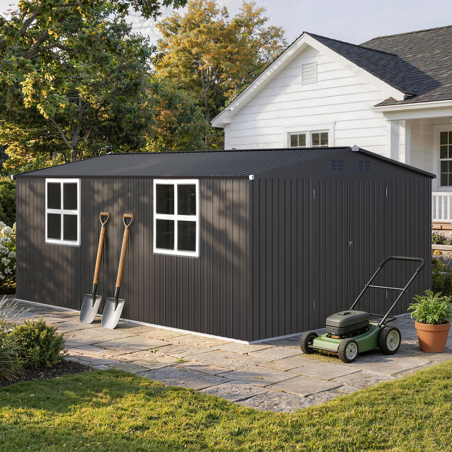 AECOJOY 18'x12' Outdoor Storage Shed - Large Metal Shed with Windows ...